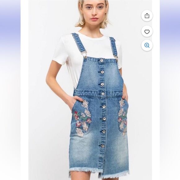 POL | Dresses | Pol Denim Overall Dress With Floral Embroidery Sz M ...